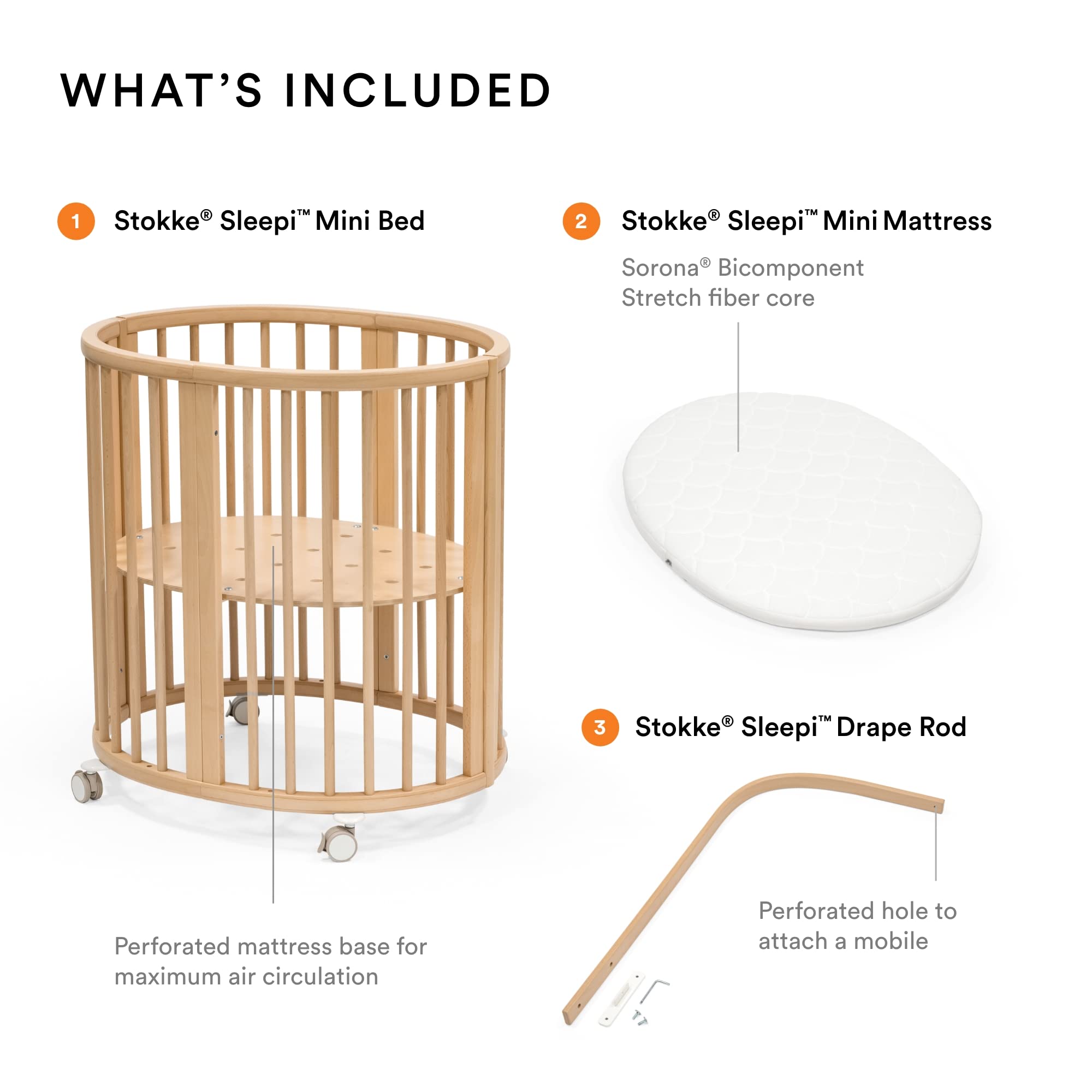 Stokke Sleepi Mini Bundle, Natural - Includes Crib/Bed, Mattress & Drape Rod - Suitable for Ages 0-5 Years Old - Adjustable & Stylish