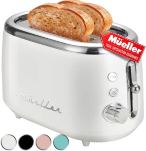 mueller retro toaster 2 slice with 7 browning levels and 3 functions: reheat, defrost & cancel, stainless steel features, removable crumb tray, under base cord storage, white