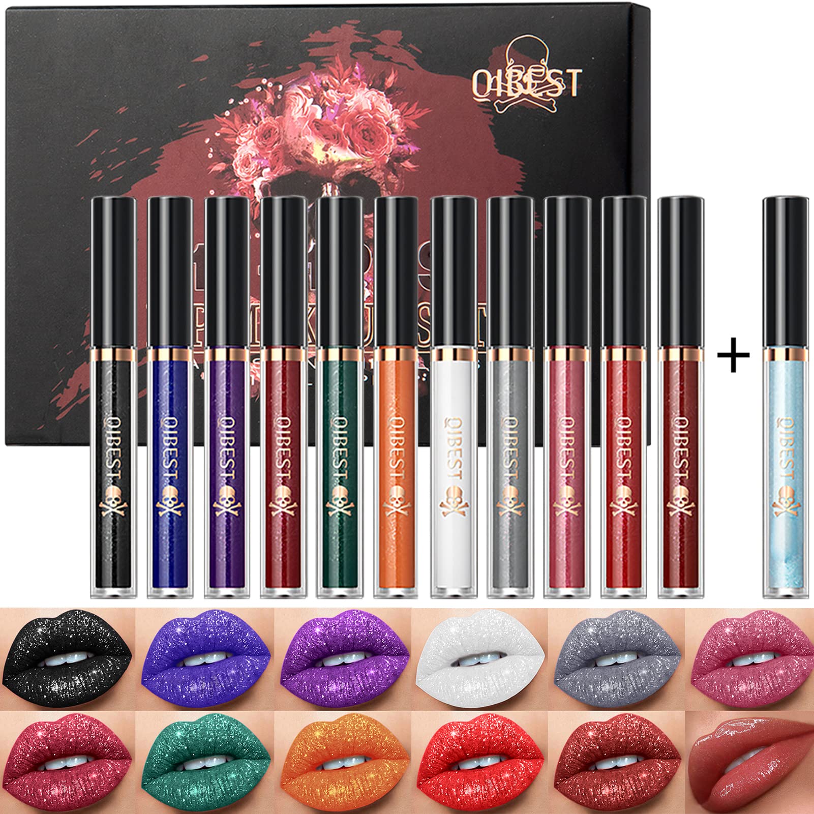 12 Colors Matte to Glitter Liquid Lipstick Set, Diamond Glitter Sparkly Lip Gloss Shimmer 24 Hour Long Lasting Waterproof Halloween Christmas Makeup Gift kit (A)