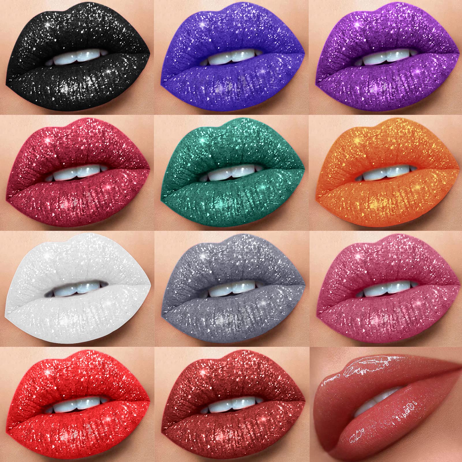 12 Colors Matte to Glitter Liquid Lipstick Set, Diamond Glitter Sparkly Lip Gloss Shimmer 24 Hour Long Lasting Waterproof Halloween Christmas Makeup Gift kit (A)