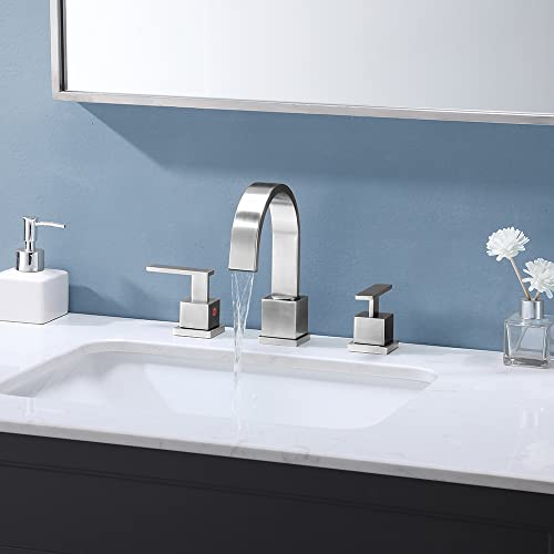 KINGO HOME Modern 3 Hole Widespread Brushed Nickel Bathroom Faucet,Waterfall 8 inch 2 Handle Bathroom Sink Faucet Vanity Bathroom Faucet for Sink 3 Hole with Pop Up Drain and Water Supply Lines