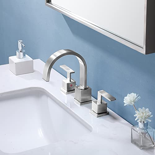 KINGO HOME Modern 3 Hole Widespread Brushed Nickel Bathroom Faucet,Waterfall 8 inch 2 Handle Bathroom Sink Faucet Vanity Bathroom Faucet for Sink 3 Hole with Pop Up Drain and Water Supply Lines