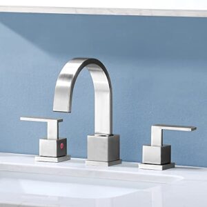 KINGO HOME Modern 3 Hole Widespread Brushed Nickel Bathroom Faucet,Waterfall 8 inch 2 Handle Bathroom Sink Faucet Vanity Bathroom Faucet for Sink 3 Hole with Pop Up Drain and Water Supply Lines