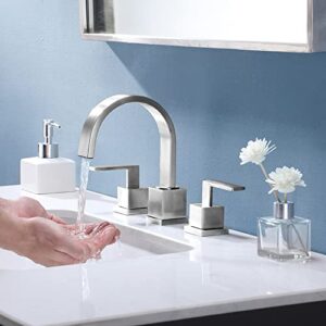 KINGO HOME Modern 3 Hole Widespread Brushed Nickel Bathroom Faucet,Waterfall 8 inch 2 Handle Bathroom Sink Faucet Vanity Bathroom Faucet for Sink 3 Hole with Pop Up Drain and Water Supply Lines