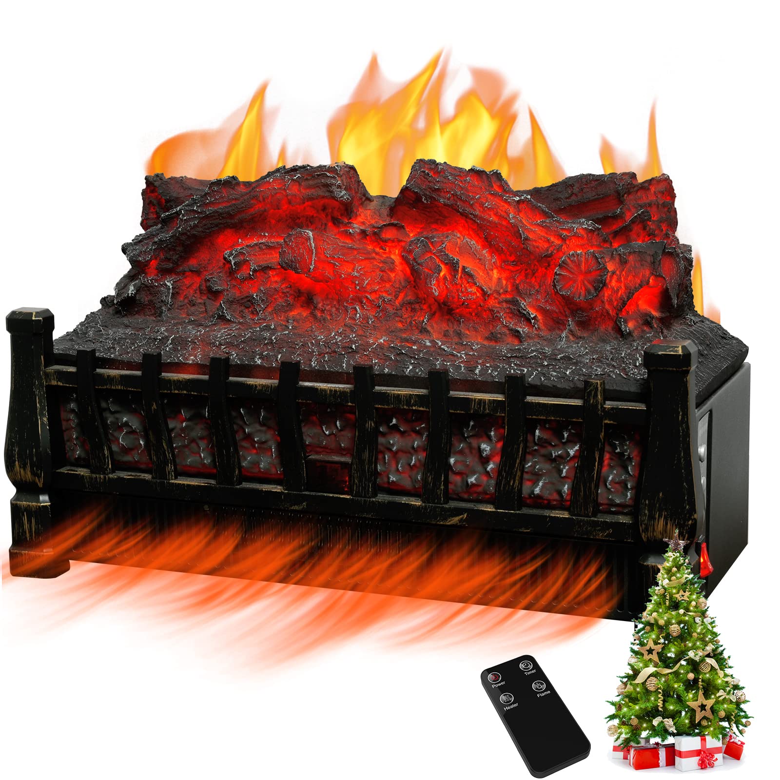 Electric Fireplace Logs Heater, Fireplace Insert with Realistic Fake Fire, 4 Flame Brightness, Remote Control, 8H Timer, Overheat Protection, Ember Bed Heater for Living Room, Christmas Decor, 1500W