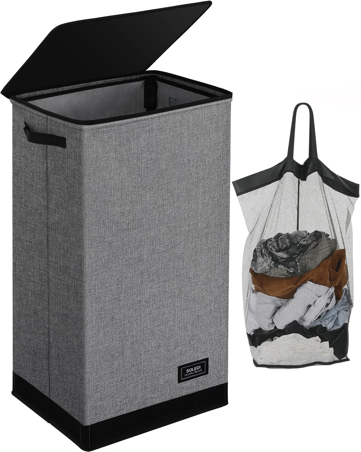 SOLEDI Laundry Hamper with Lid 100L Large & Tall Collapsible Laundry Basket, Clothes Hamper with Bag Removable Easy to Carry, Dirty Hampers for Bedroom, Bathroom, Dorm, College, Grey