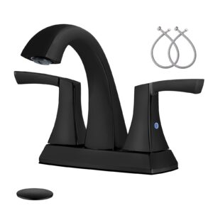 vxv bathroom faucet matte black, 2 handles low arc bathroom sink faucets, 4 inch centerset bathroom lavatory faucets, bathroom faucets set with pop-up drain & faucet supply lines (mb)