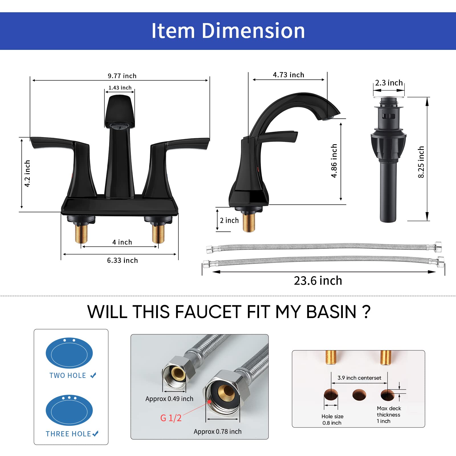 VXV Bathroom Faucet Matte Black, 2 Handles Low Arc Bathroom Sink Faucets, 4 Inch Centerset Bathroom Lavatory Faucets, Bathroom Faucets Set with Pop-up Drain & Faucet Supply Lines (MB)