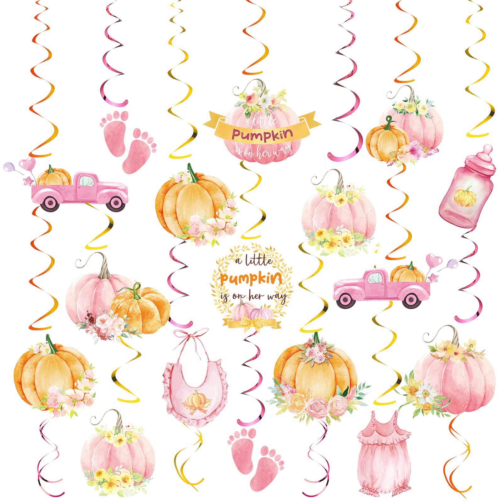 60 Pcs Little Pumpkin Hanging Swirls Autumn Thanksgiving Baby Shower Party Decoration a Little Pumpkin Is on Her Way Hanging Decor Pink Floral Pumpkin Ceiling Swirl for Fall Baby Shower Girl Birthday