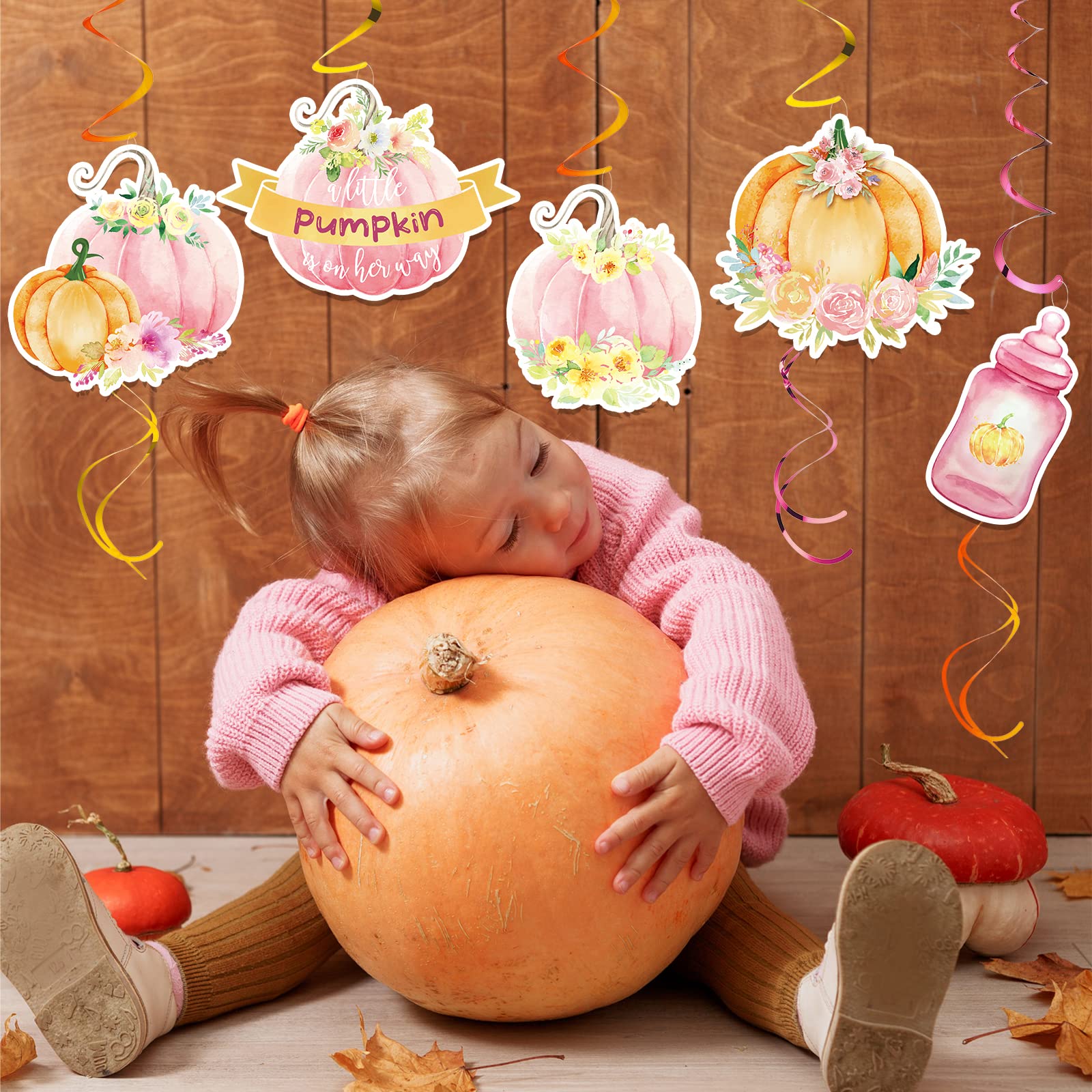 60 Pcs Little Pumpkin Hanging Swirls Autumn Thanksgiving Baby Shower Party Decoration a Little Pumpkin Is on Her Way Hanging Decor Pink Floral Pumpkin Ceiling Swirl for Fall Baby Shower Girl Birthday