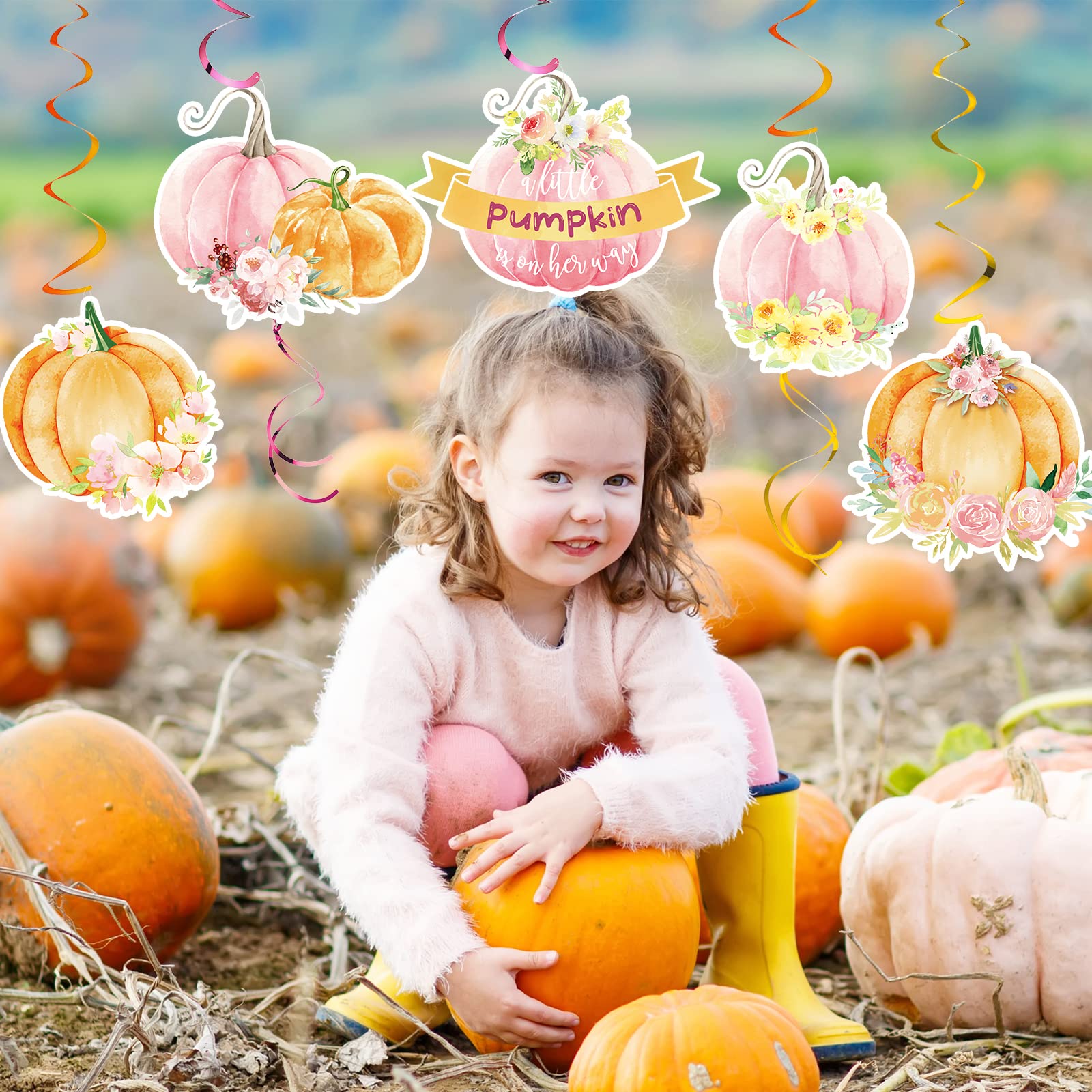 60 Pcs Little Pumpkin Hanging Swirls Autumn Thanksgiving Baby Shower Party Decoration a Little Pumpkin Is on Her Way Hanging Decor Pink Floral Pumpkin Ceiling Swirl for Fall Baby Shower Girl Birthday