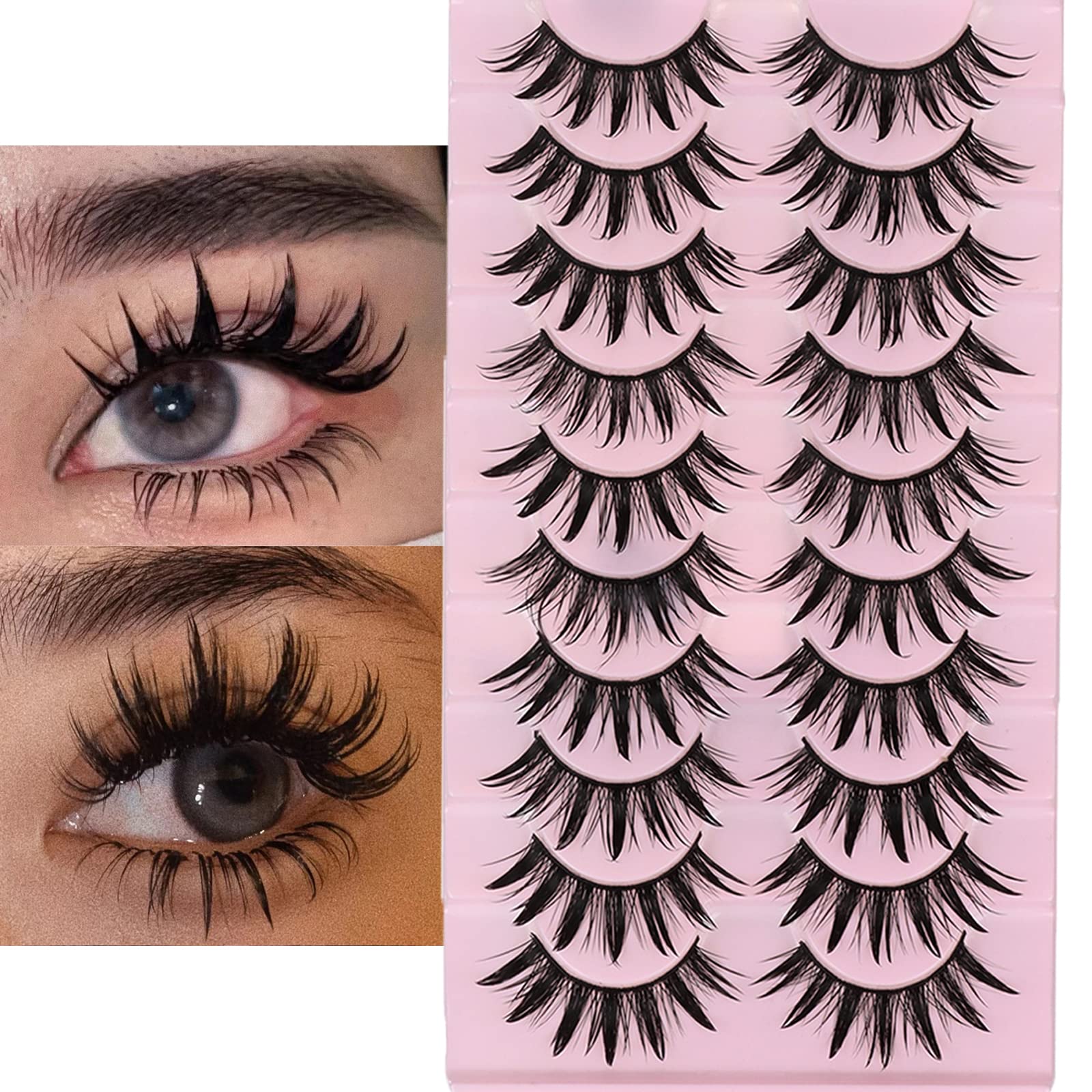 DSLONG 10 Pairs Manga Lashes Wet Look Lashes Effect Cat Eye Lashes Extension Fluffy Spiky Mink Lashes Japanese Cosplay Styles Anime Fake Eyelashes Reusable