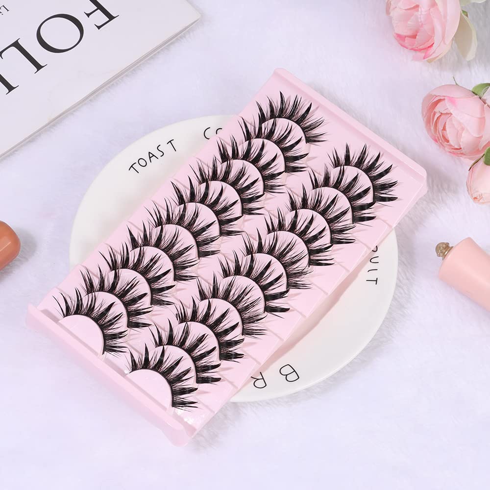 DSLONG 10 Pairs Manga Lashes Wet Look Lashes Effect Cat Eye Lashes Extension Fluffy Spiky Mink Lashes Japanese Cosplay Styles Anime Fake Eyelashes Reusable