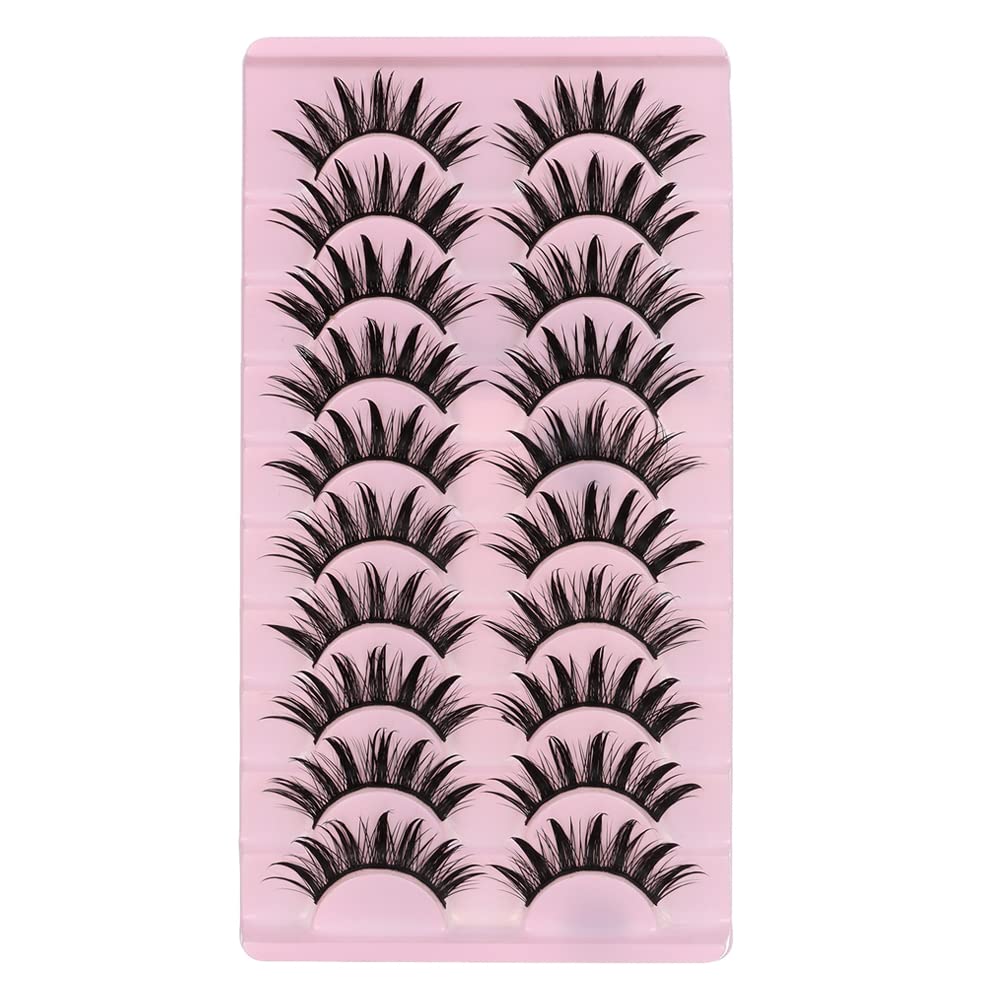 DSLONG 10 Pairs Manga Lashes Wet Look Lashes Effect Cat Eye Lashes Extension Fluffy Spiky Mink Lashes Japanese Cosplay Styles Anime Fake Eyelashes Reusable