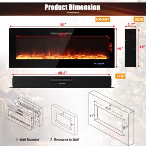 Tangkula 50 Inches Electric Fireplace Insert, Reccessed and Wall Mounted 5,000 BTU Electric Fire Place,with 2 Heat Settings, 0.5-12H Timer, Dual Control, 9 Flame Colors & 5 Flame Brightness