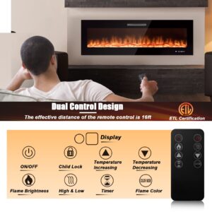 Tangkula 50 Inches Electric Fireplace Insert, Reccessed and Wall Mounted 5,000 BTU Electric Fire Place,with 2 Heat Settings, 0.5-12H Timer, Dual Control, 9 Flame Colors & 5 Flame Brightness