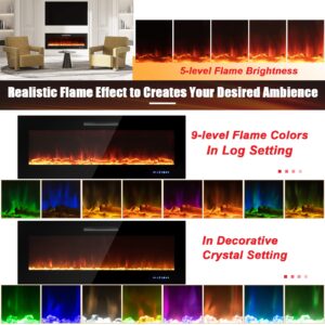 Tangkula 50 Inches Electric Fireplace Insert, Reccessed and Wall Mounted 5,000 BTU Electric Fire Place,with 2 Heat Settings, 0.5-12H Timer, Dual Control, 9 Flame Colors & 5 Flame Brightness