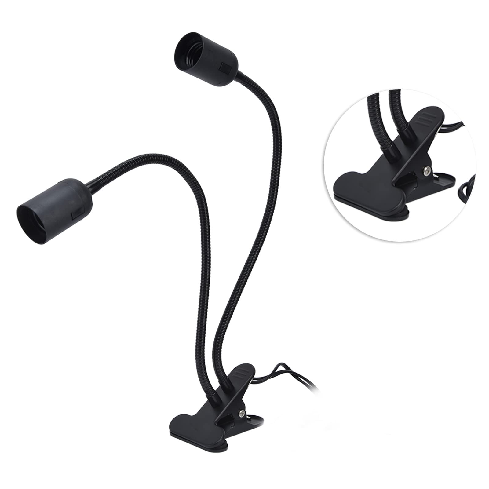 Luqeeg Clip Desk Lamp Socket, E26/E27 Reading Light Stand Clamp Lamp Fixture, 360 Degrees Two Head Clip on Light Bulb Holder with On/Off Switch and Clamp for Headboard Video Study Work, Black(#1)