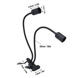 Luqeeg Clip Desk Lamp Socket, E26/E27 Reading Light Stand Clamp Lamp Fixture, 360 Degrees Two Head Clip on Light Bulb Holder with On/Off Switch and Clamp for Headboard Video Study Work, Black(#1)