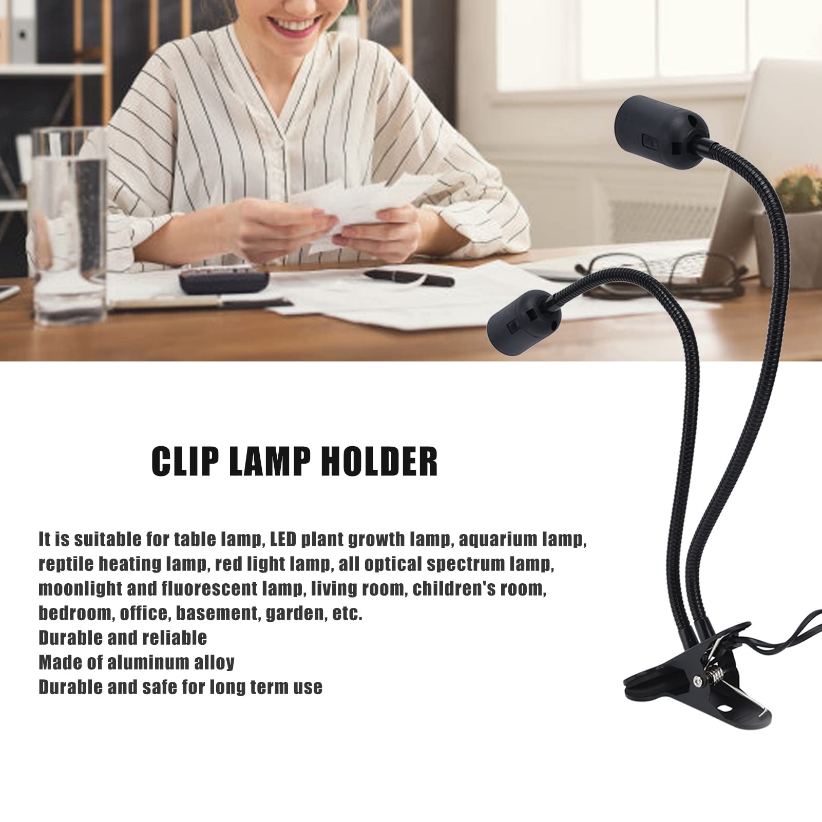 Luqeeg Clip Desk Lamp Socket, E26/E27 Reading Light Stand Clamp Lamp Fixture, 360 Degrees Two Head Clip on Light Bulb Holder with On/Off Switch and Clamp for Headboard Video Study Work, Black(#1)