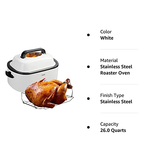 Electric Roaster, Roaster Oven 26 Quart with Self-Basting Lid, Turkey Roaster Oven with Removable Pan and Rack, Adjustable Temperature Control Powerful 1450W Stainless Steel Roaster Oven, White