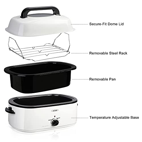 Electric Roaster, Roaster Oven 26 Quart with Self-Basting Lid, Turkey Roaster Oven with Removable Pan and Rack, Adjustable Temperature Control Powerful 1450W Stainless Steel Roaster Oven, White