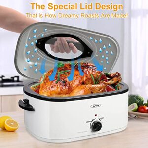 Electric Roaster, Roaster Oven 26 Quart with Self-Basting Lid, Turkey Roaster Oven with Removable Pan and Rack, Adjustable Temperature Control Powerful 1450W Stainless Steel Roaster Oven, White