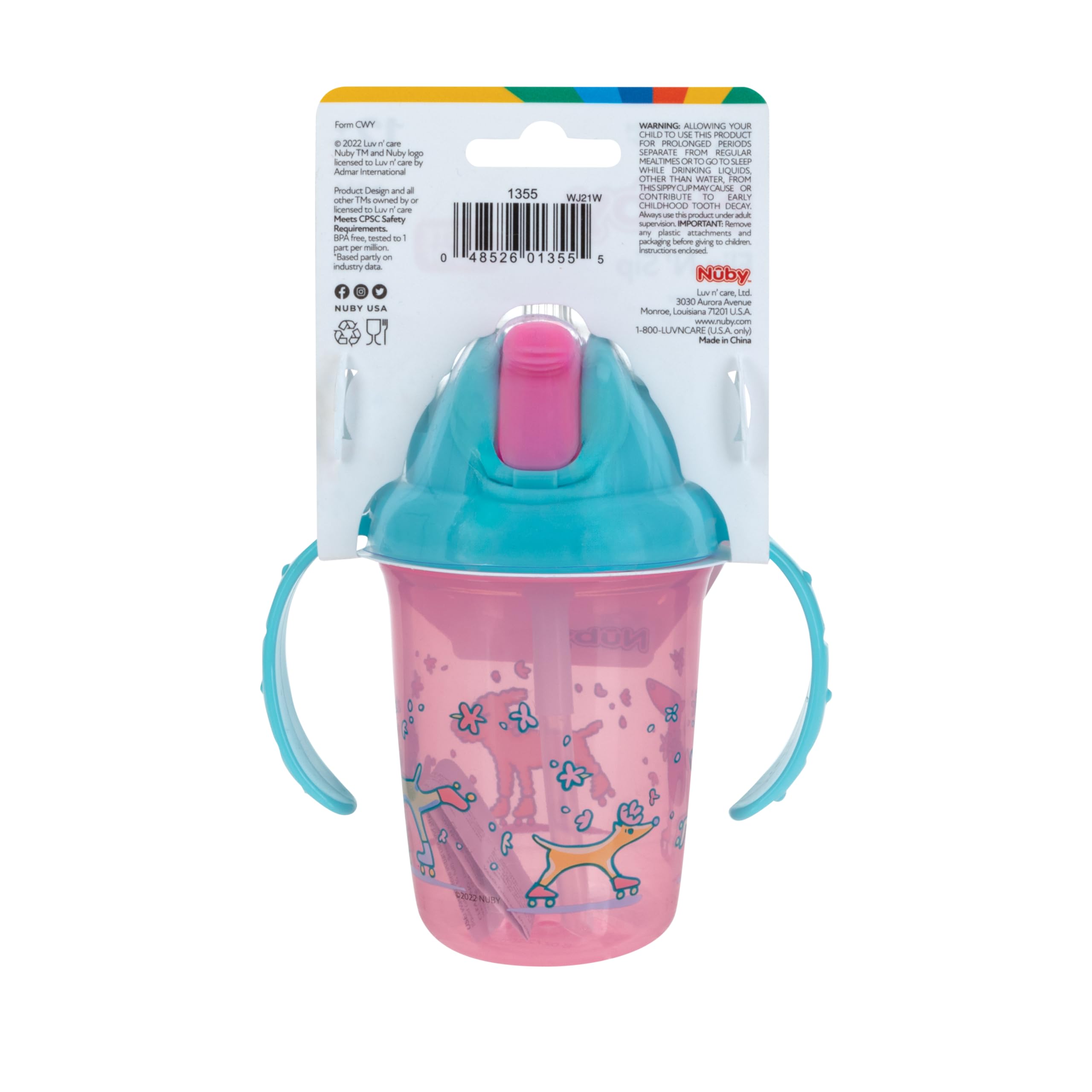 Nuby 2-Handle No-Spill Flip-it Fat Straw Printed Cup - 8oz/ 240 ml, 12+ Months, 1pk Prints May Vary