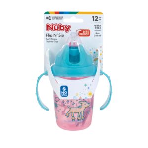 Nuby 2-Handle No-Spill Flip-it Fat Straw Printed Cup - 8oz/ 240 ml, 12+ Months, 1pk Prints May Vary