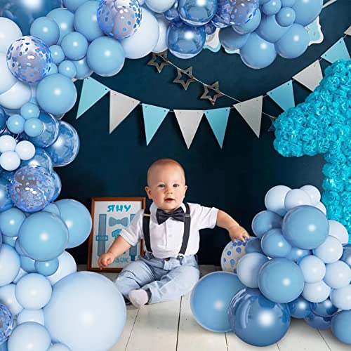 143Pcs Blue Balloons Arch Garland Kit, Different Size Metallic Blue Macaron Confetti Balloons for Boys Blue Birthday Baby Shower Wedding Ocean Themed Party Background Decorations Supplies