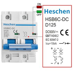 Heschen DC Miniature Circuit Breaker, HSB6C-DC, 2 Poles, DC500V 125A, Photovoltaic Circuit Breaker, for Solar PV System Solar Panels Grid System, 35mm DIN Rail Mounting