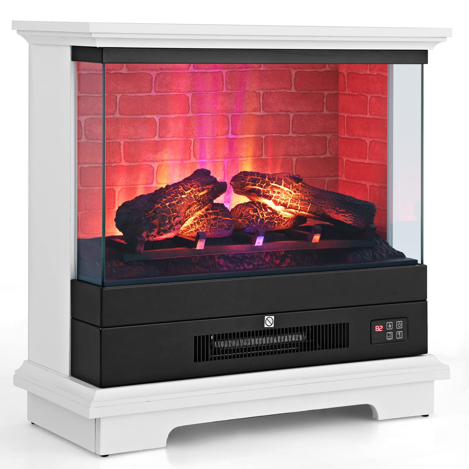 Tangkula 27 Inch Freestanding Fireplace, 1400W Electric Fireplace Heater w/3-Level Vivid Flame & Thermostat Control, 0.5-6H Timing Function, Overheating Protection for Living Room, Bedroom (White)