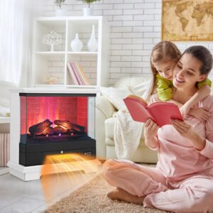 Tangkula 27 Inch Freestanding Fireplace, 1400W Electric Fireplace Heater w/3-Level Vivid Flame & Thermostat Control, 0.5-6H Timing Function, Overheating Protection for Living Room, Bedroom (White)