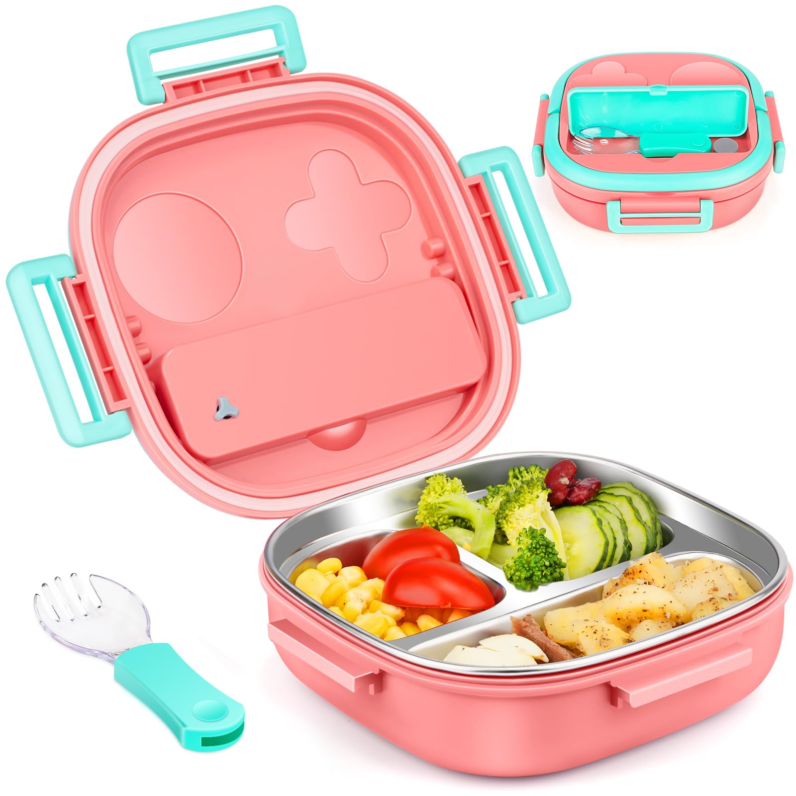 PEDECO Stainless Steel Kid Bento Box,4-Sided Lock Catch,Leak-Proof,3-Compartment,Lunch Box With Portable Cutlery-Ideal Portion Sizes (500ML) for Kids/Toddler-BPA-Free,Dishwasher Safe(Coral Pink)