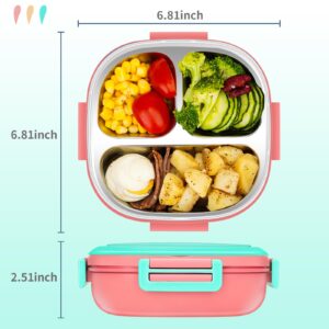 PEDECO Stainless Steel Kid Bento Box,4-Sided Lock Catch,Leak-Proof,3-Compartment,Lunch Box With Portable Cutlery-Ideal Portion Sizes (500ML) for Kids/Toddler-BPA-Free,Dishwasher Safe(Coral Pink)