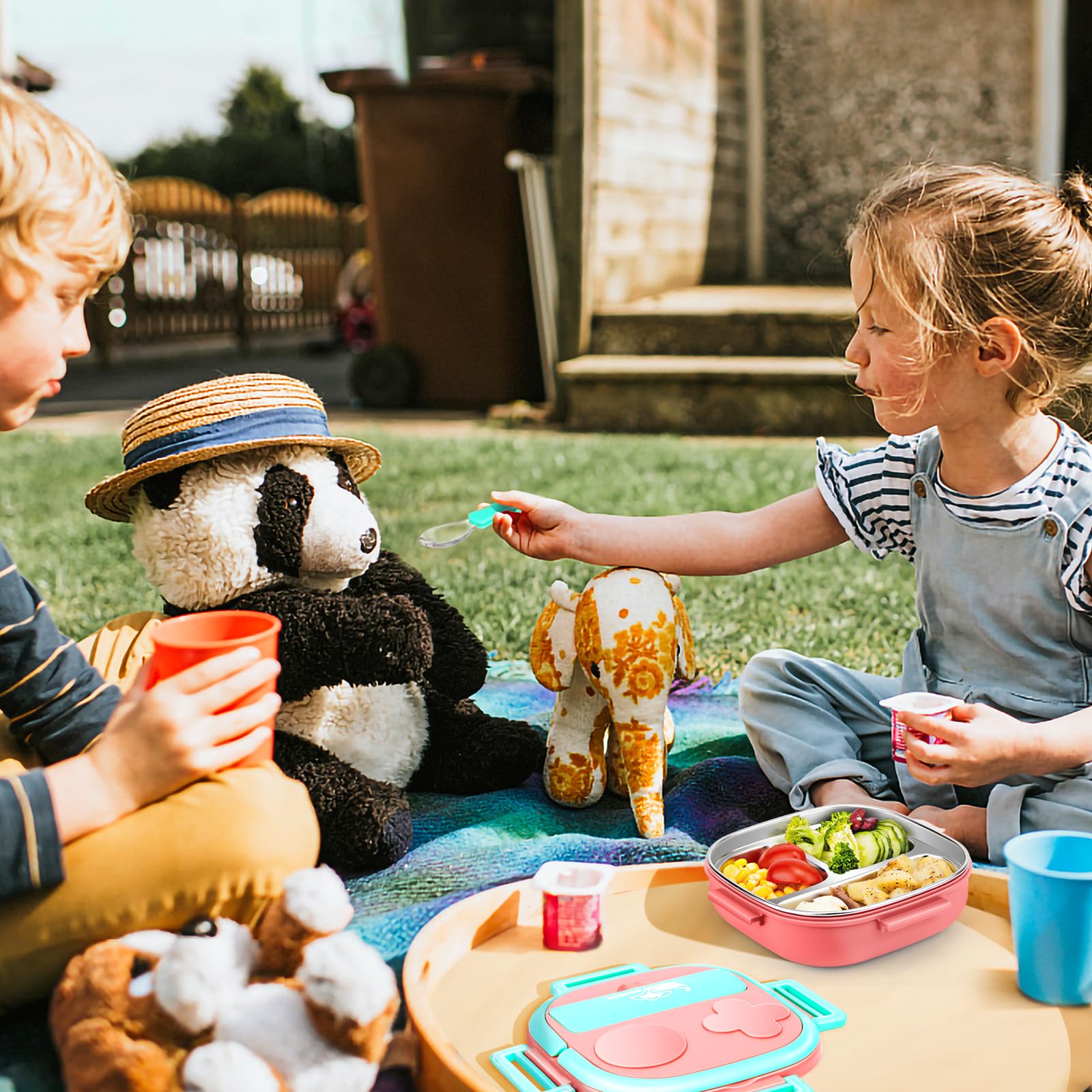 PEDECO Stainless Steel Kid Bento Box,4-Sided Lock Catch,Leak-Proof,3-Compartment,Lunch Box With Portable Cutlery-Ideal Portion Sizes (500ML) for Kids/Toddler-BPA-Free,Dishwasher Safe(Coral Pink)