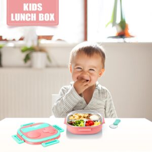 PEDECO Stainless Steel Kid Bento Box,4-Sided Lock Catch,Leak-Proof,3-Compartment,Lunch Box With Portable Cutlery-Ideal Portion Sizes (500ML) for Kids/Toddler-BPA-Free,Dishwasher Safe(Coral Pink)