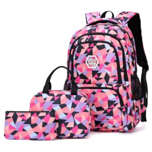 niweiya kids' backpacks geometric printed children school bag for middle-elementary school book bags for girls-boys waterproof 3 in 1 backpack sets(black 35l)