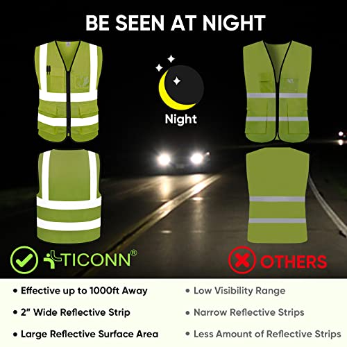 TICONN Reflective Safety Vest High Visibility Class II Mesh Vest for Women & Men Meets ANSI Standards (1PK, Yellow, L)