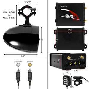 GoHawk TS5-S 2.1 Channel Amplifier 5" Subwoofer Waterproof Bluetooth ATV RZR UTV Stereo 3 Speakers Audio Amp Radio System 1.5 to 2" Roll-cage Bar Mount for Polaris Can-Am 4-Wheeler