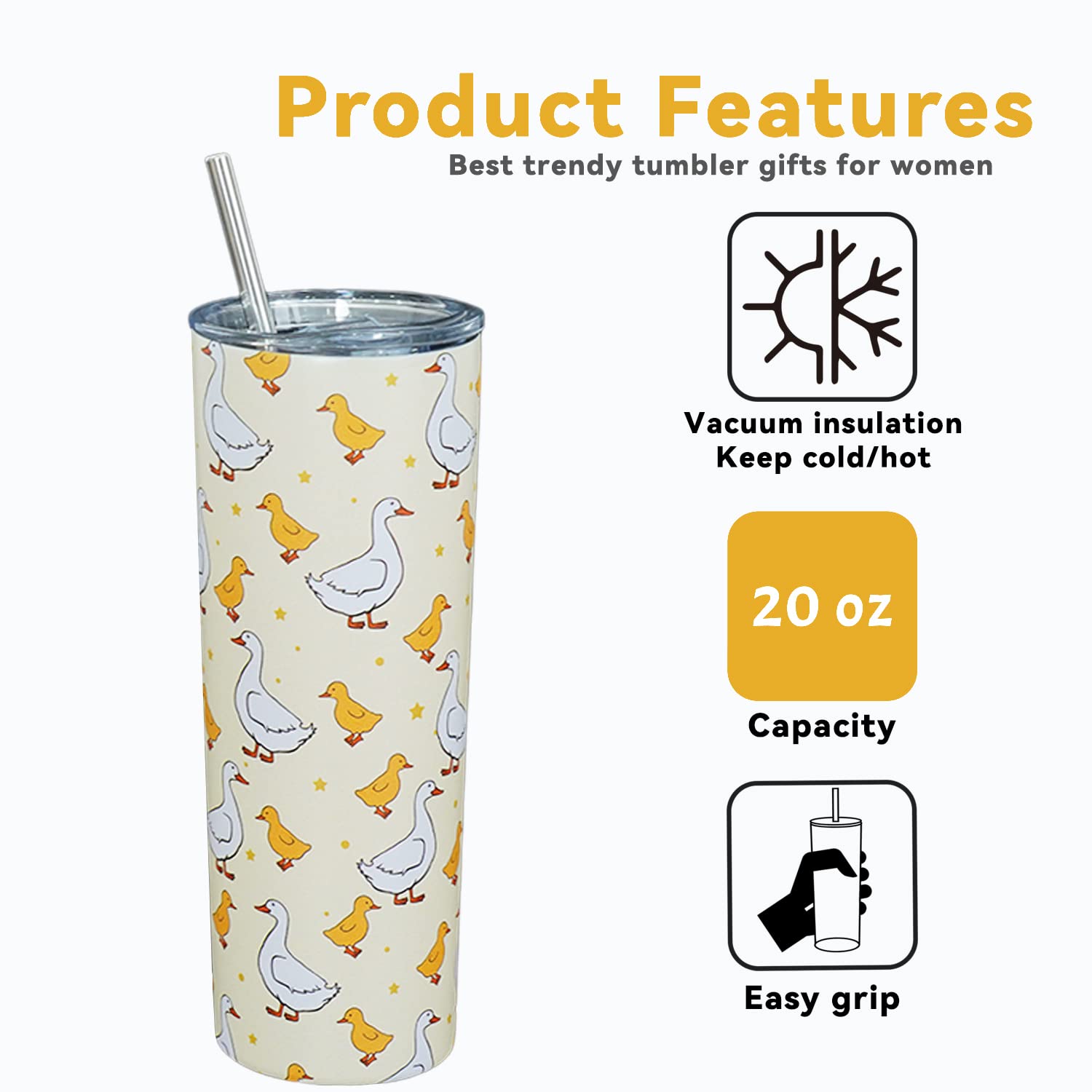 Duck Tumbler, Cute Skinny Tumbler with Straw and Lid - Yellow Duck Gifts for Women, Teens - Yellow Duck Coffee Cup/Coffee Mug, Kawaii Duck Things/Stuff/Decor, Double Wall Insulated Tumbler 20 Oz