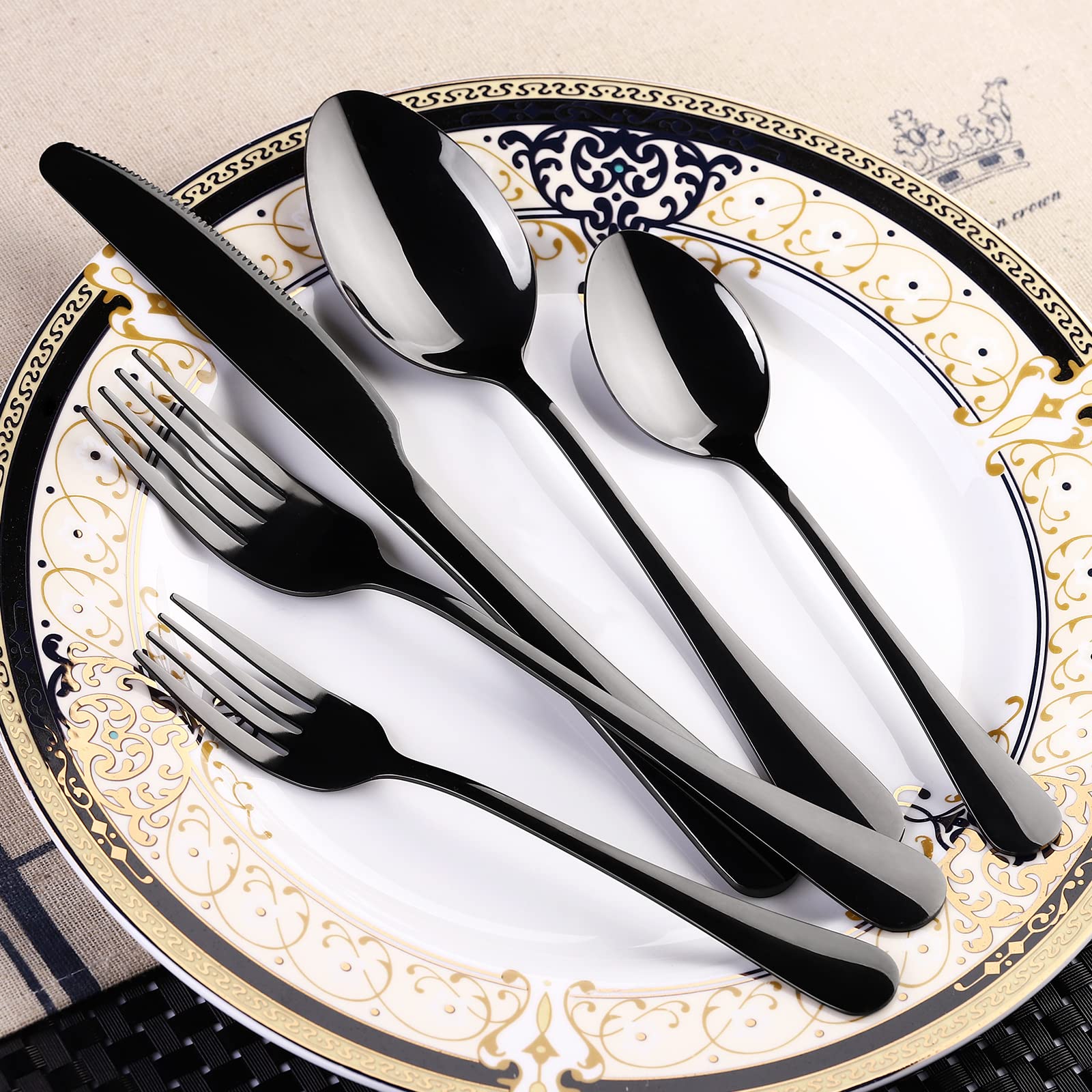 40 Piece Unique Flatware set,Black Matte Graffiti Pattern Silverware Set for 8,SANLUNS Poker Crown Gothic Pattern Design,Stainless,Satin Finish Everyday Tableware Cutlery Utensils For party