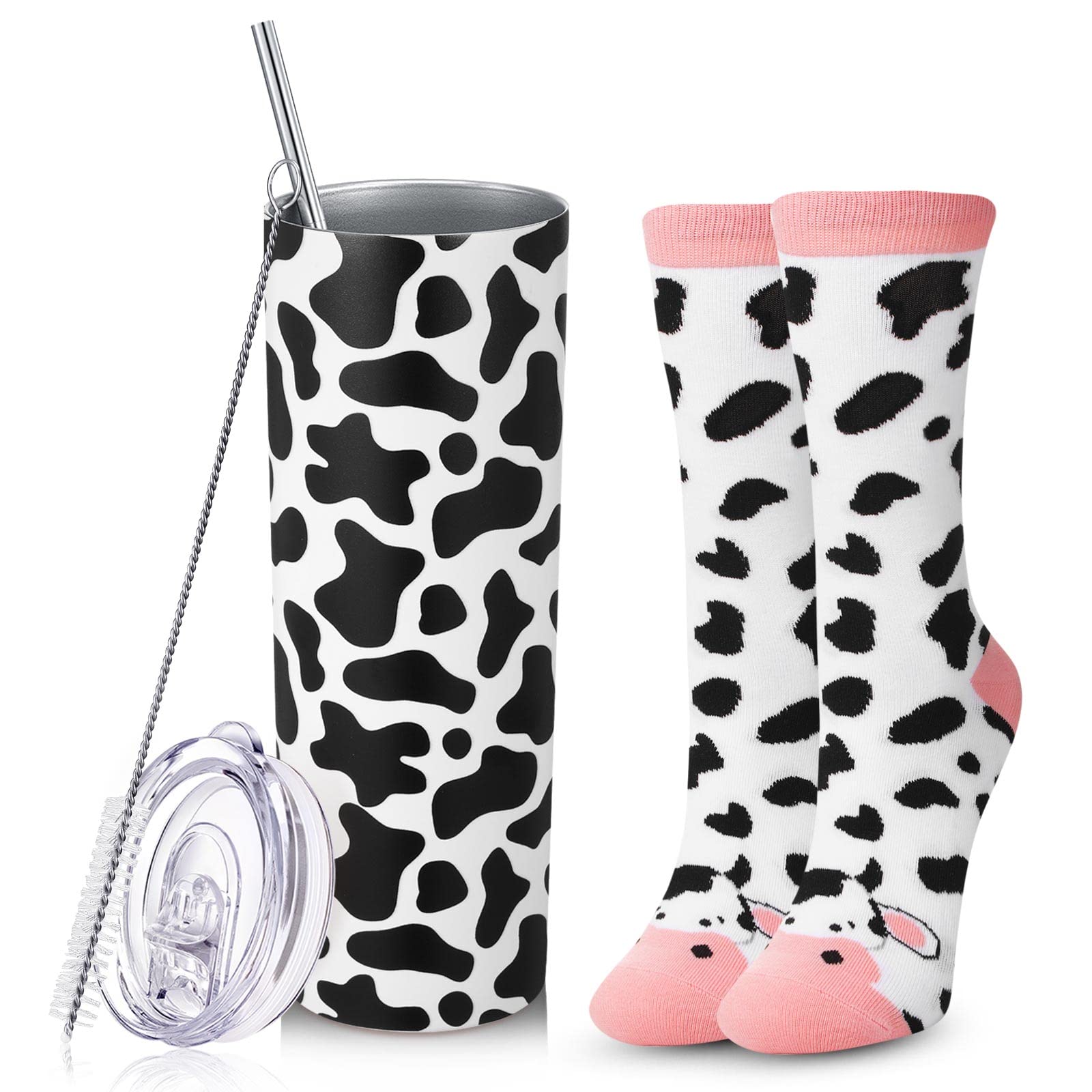 Potchen 2 Pieces Funny Cow Gifts Cow Print Tumbler Cow Socks Women's Socks Cute Animals Socks for Women Girls, 20 oz Skinny Stainless Steel Water Tumbler with Lids, Animal Lovers Gifts for Christmas