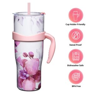 THILY 40 oz Insulated Tumbler with Handle - Stainless Steel Coffee Travel Mug with Lid and Straws, Keep Drinks Cold for 34 Hours or Hot for 12 Hours, Dishwasher Safe, BPA Free, Lotus Flower