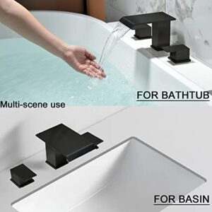 BEIYI Matte Black Deck Mount Tub Faucet, Roman Tub Faucet Set 2 Handles Bathtub Faucet Filler Set 3 Hole High Flow Waterfall Tub Faucet