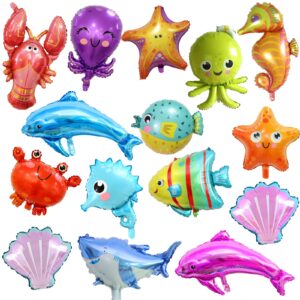 15pcs ocean themed party decorations, tacykibd under the sea party decorations, starfish octonauts seahorse lobster cute marine balloons, huge sea animal balloon for baby shark birthday decorations