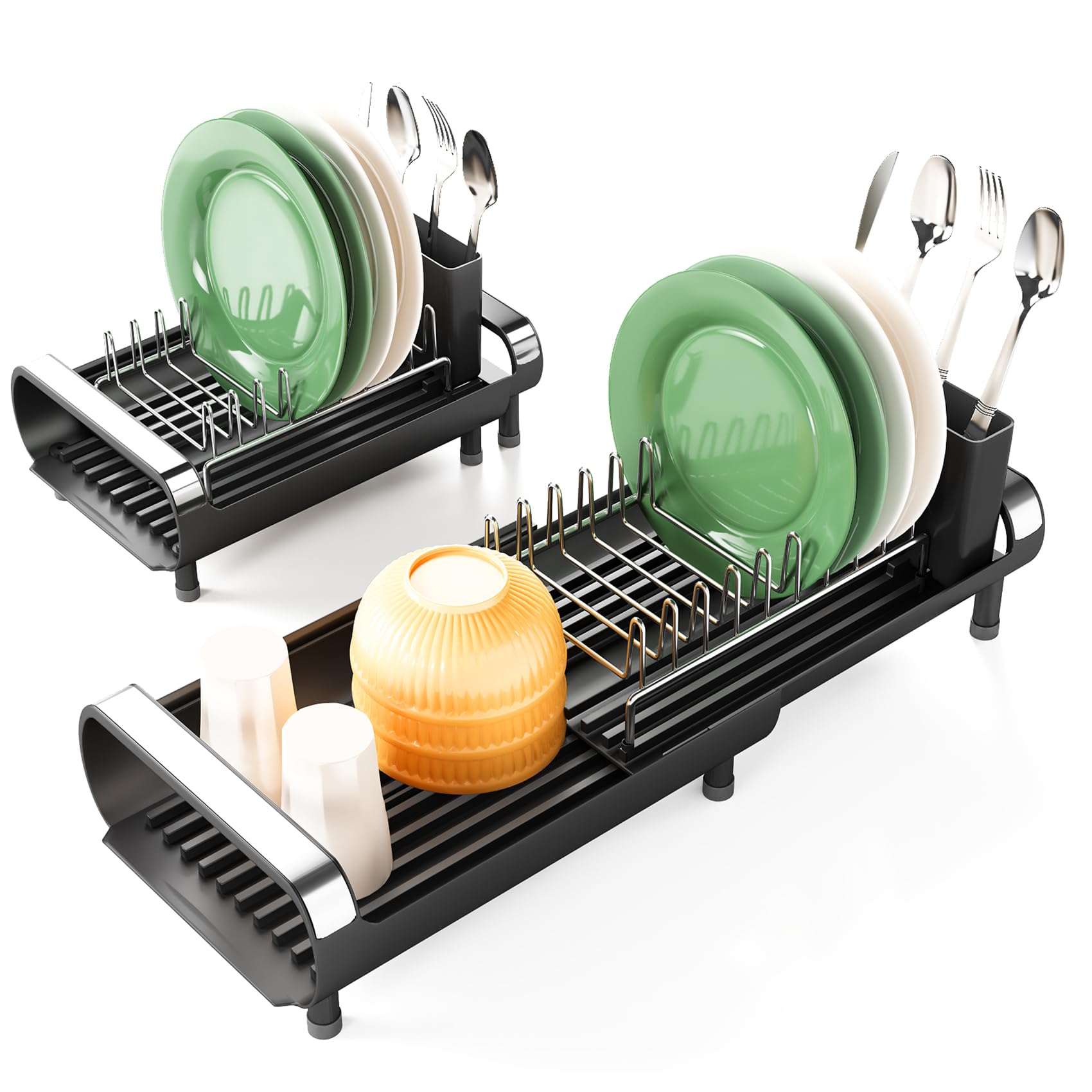 Dish Drying Rack, Expandable Dish Racks for Kitchen Counter, Small Kitchen Drying Rack with Removable Cutlery Holder, Black