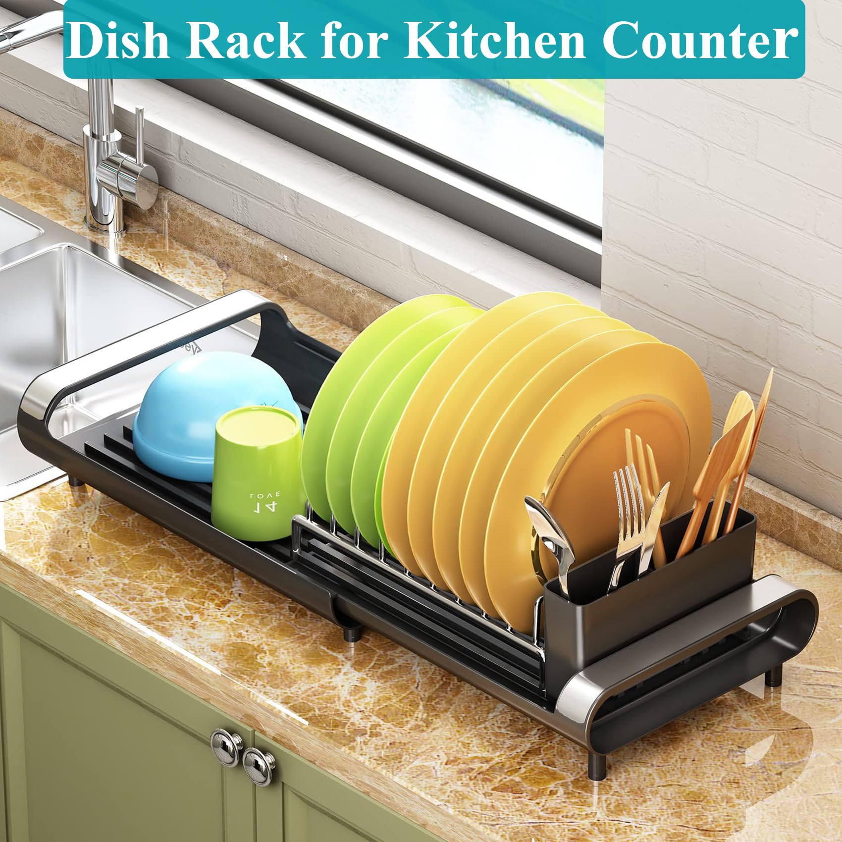 Dish Drying Rack, Expandable Dish Racks for Kitchen Counter, Small Kitchen Drying Rack with Removable Cutlery Holder, Black