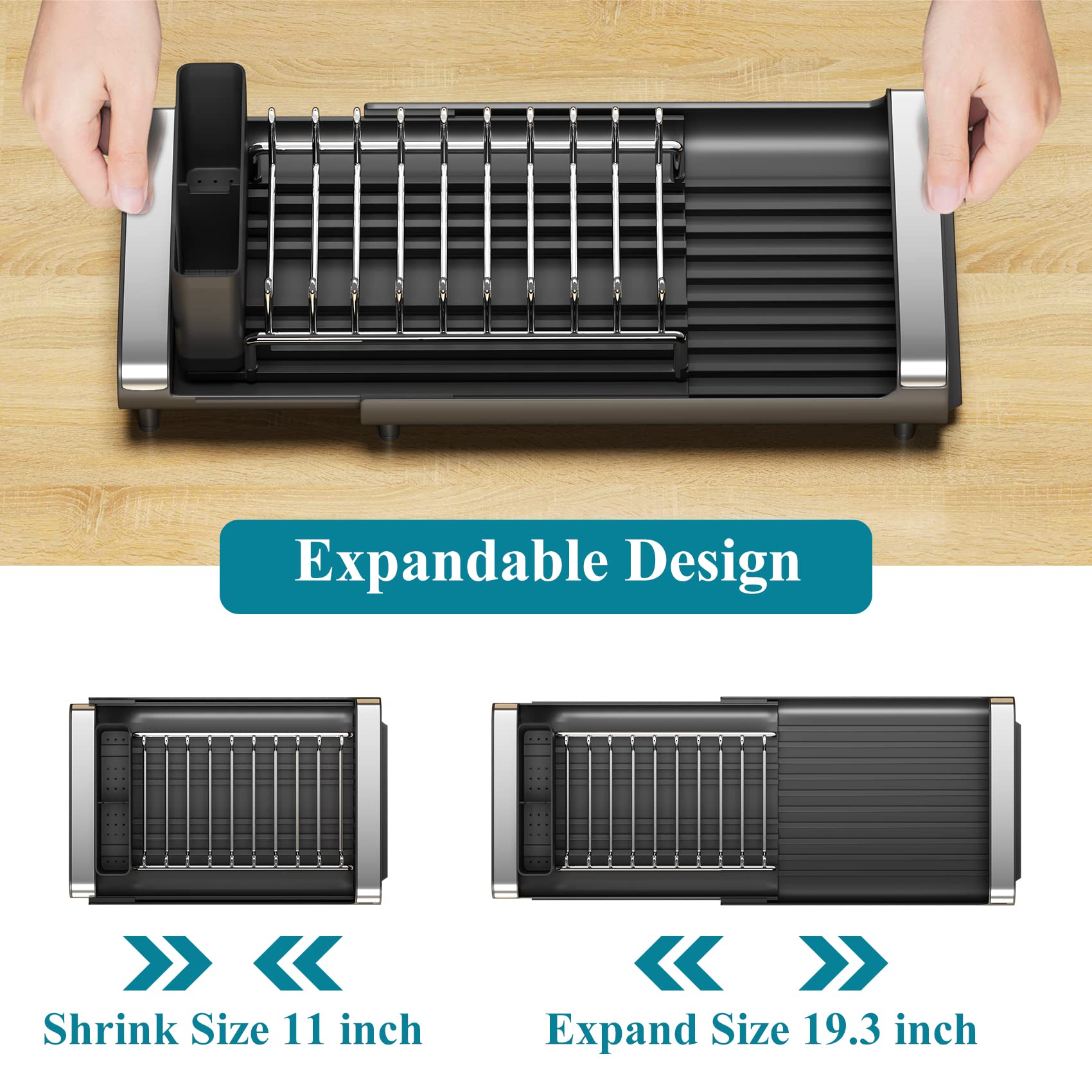 Dish Drying Rack, Expandable Dish Racks for Kitchen Counter, Small Kitchen Drying Rack with Removable Cutlery Holder, Black