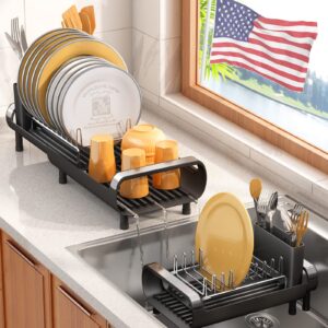 Dish Drying Rack, Expandable Dish Racks for Kitchen Counter, Small Kitchen Drying Rack with Removable Cutlery Holder, Black